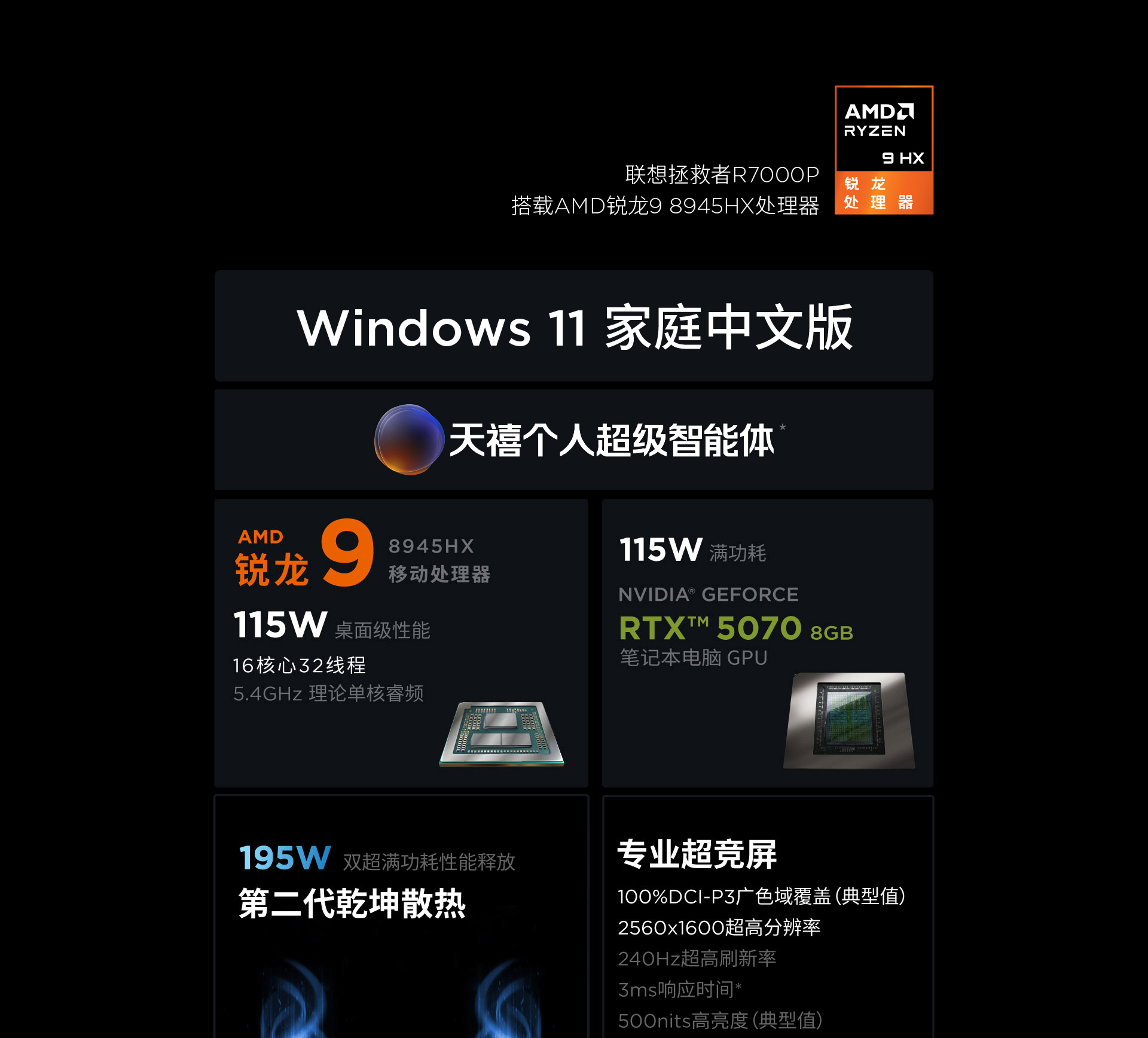 联想拯救者R7000P 2025 AI元启 16英寸电竞游戏笔记本电脑 碳晶黑